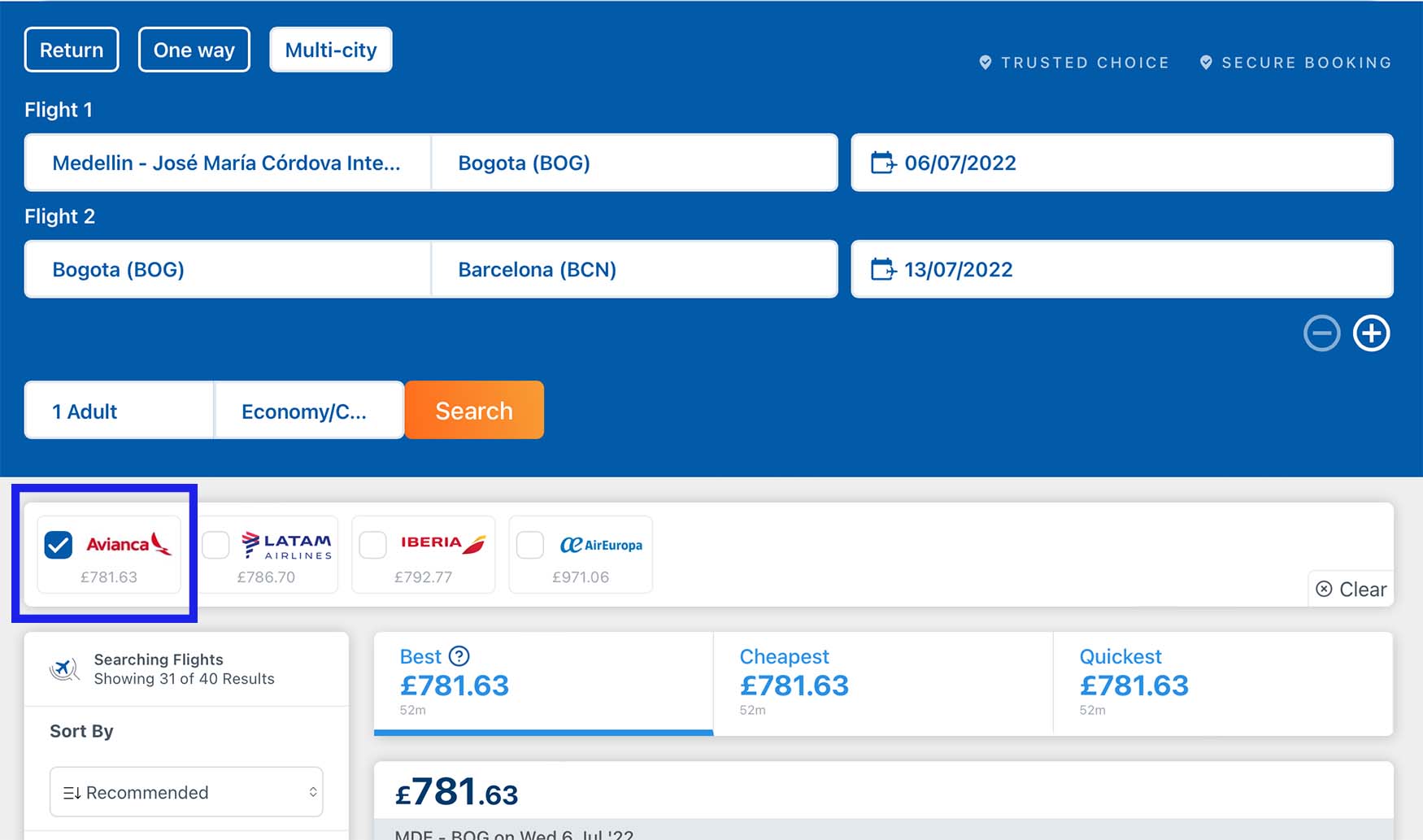 Search & Book Avianca Multi City Flights